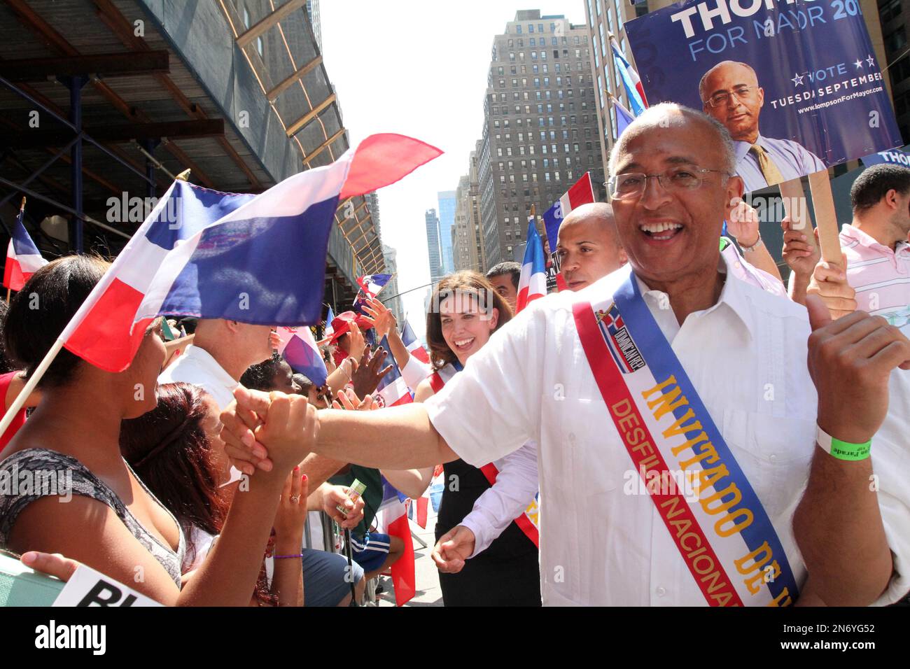 Bill Thompson, running in the New York Mayors race, right, interacts ...