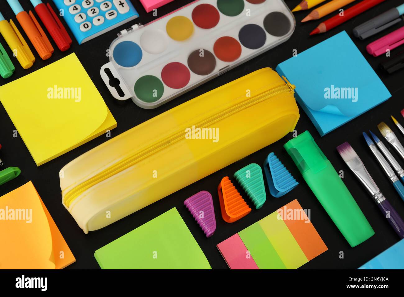 Different stationery on blackboard, closeup. Back to school Stock Photo ...
