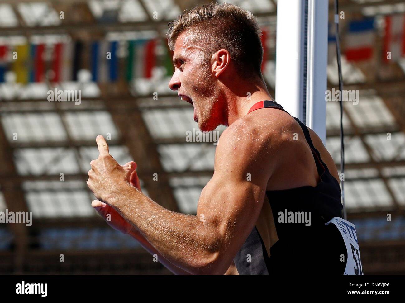 Germany's Rico Freimuth celebrates after setting his personal best in ...