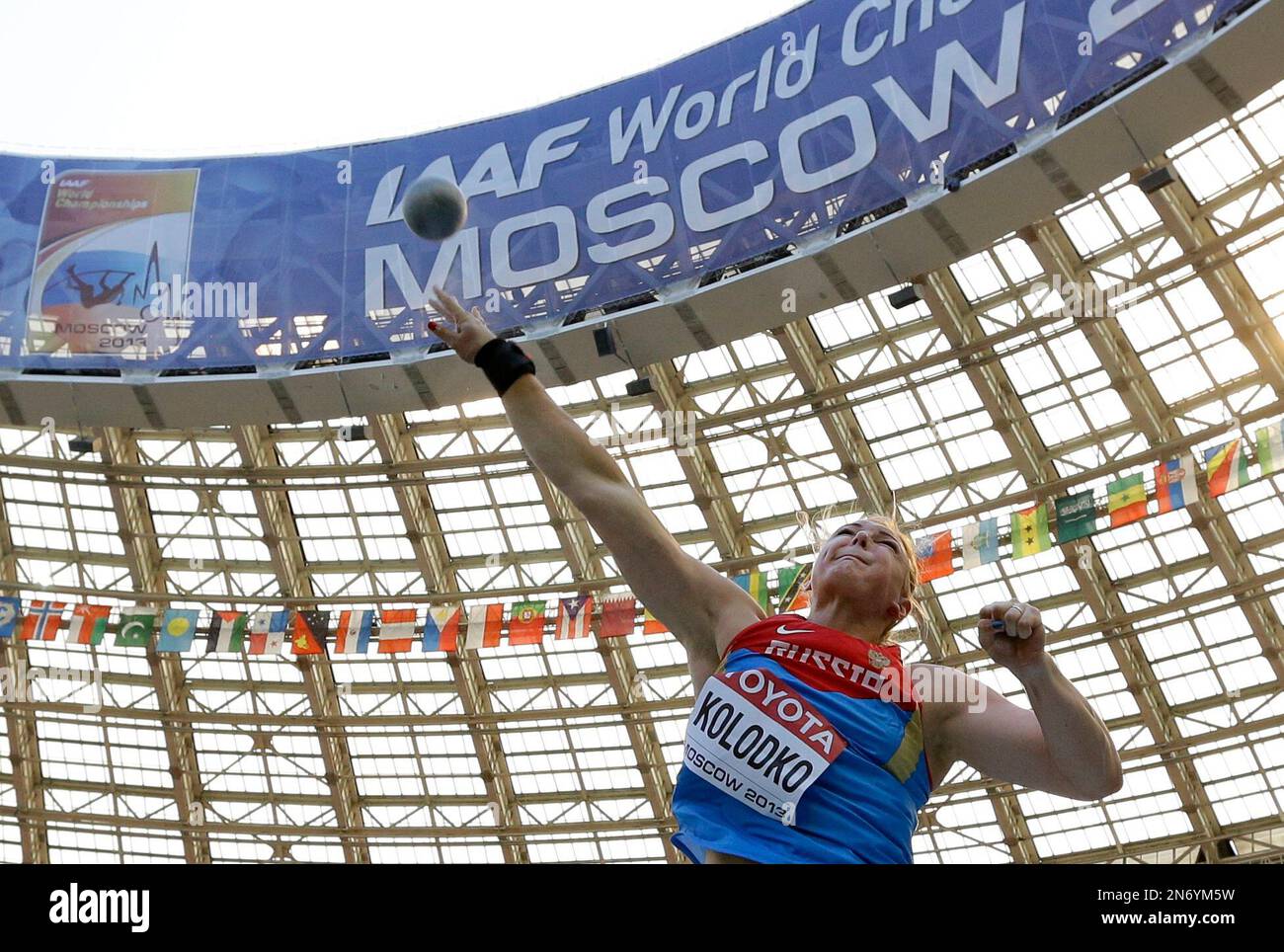Russia's Evgeniia Kolodko competes in the women's shot put ...
