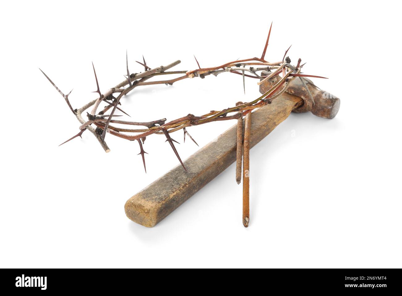 Crown of thorns, nails and hammer on white background. Easter ...
