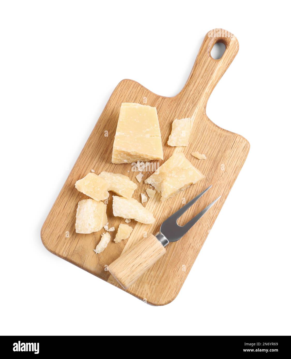 Parmesan cheese with fork and wooden board on white background, top ...