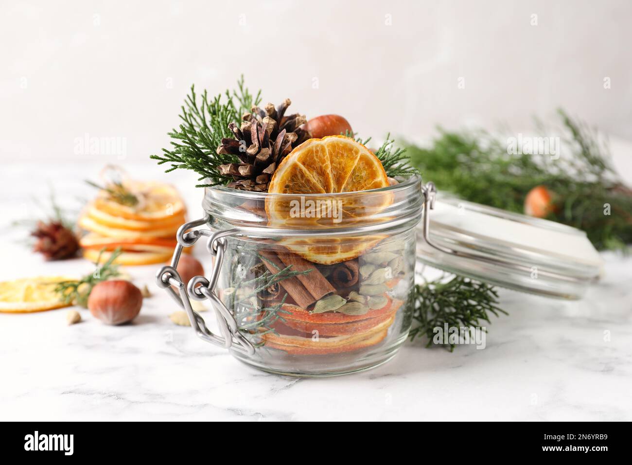 Aroma potpourri with different spices on white marble table Stock Photo ...