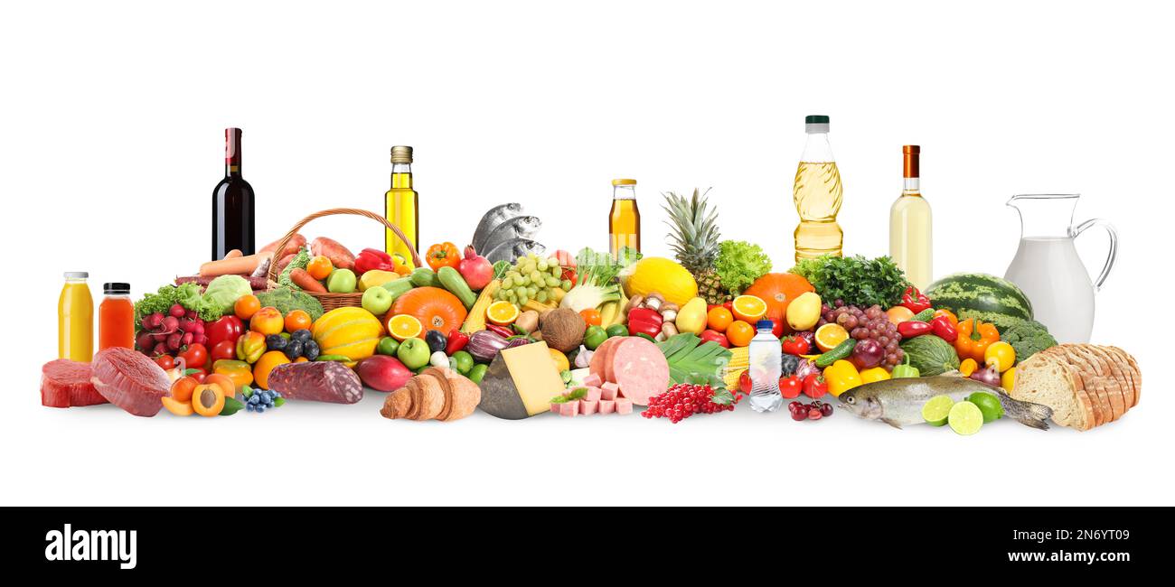 Assortment of fresh organic products on white background. Balanced food ...