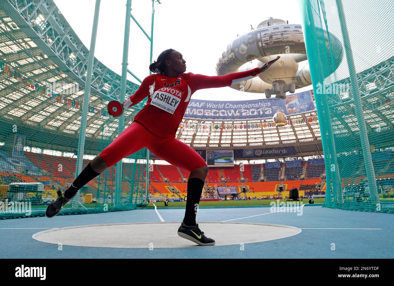 United States' Whitney Ashley competes in the women's discus throw ...