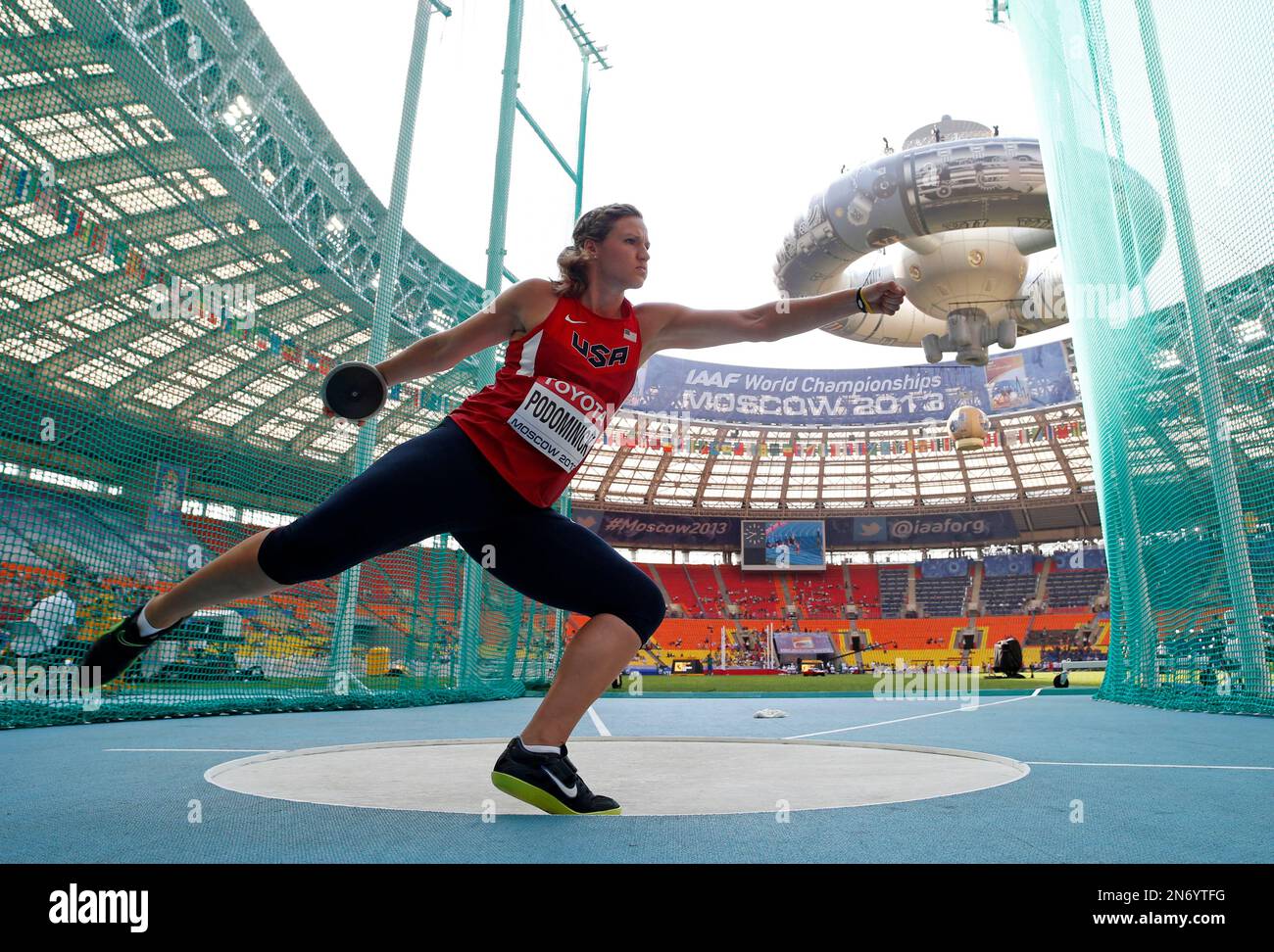 United States' Liz Podominick competes in the women's discus throw ...