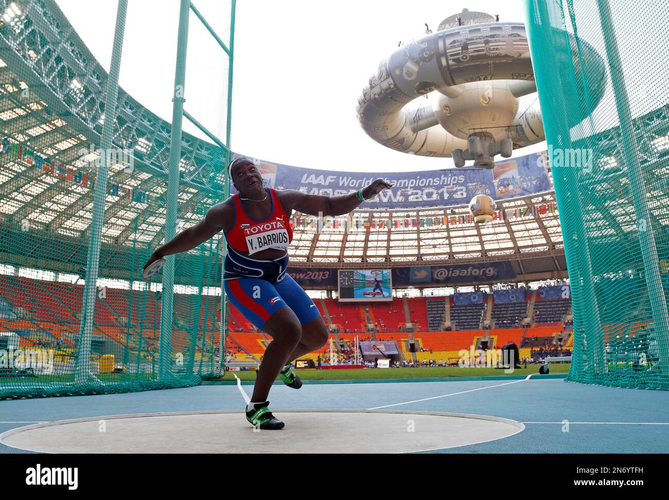Cuba's Yarelys Barrios competes in the women's discus throw ...