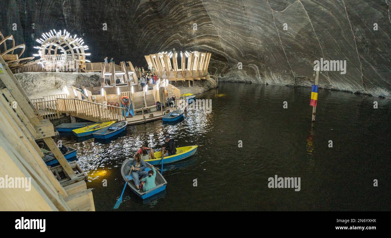 The underground theme park in a big salt mine Salina Turda, Turda in Romania, Transylvania ...