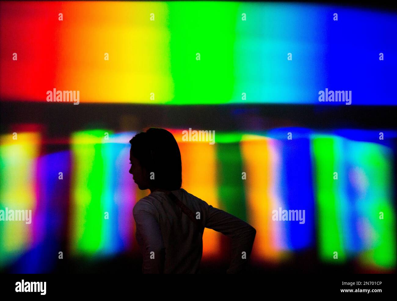 A visitor stands in front of a screen with the reflection of a spectrum ...