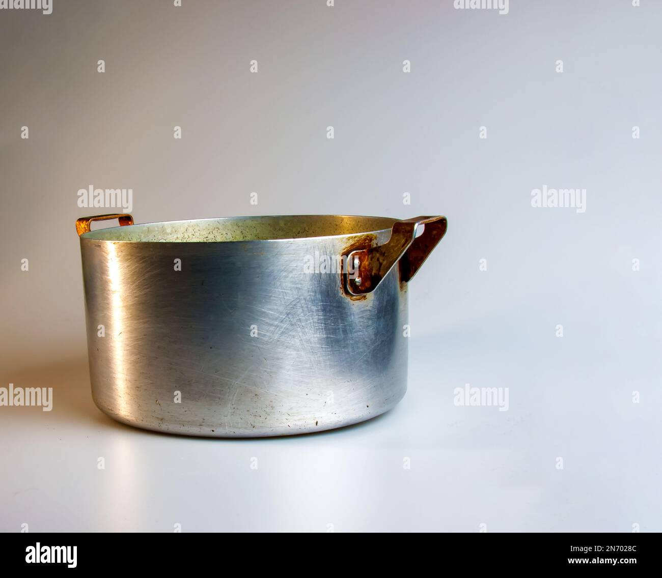 An old aluminum pan made in circa 1960 against a white background Stock ...
