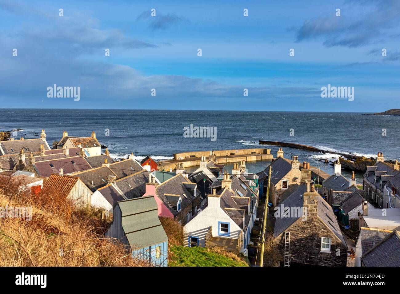 Sandend Village Aberdeenshire Scotland houses overlooking the harbour ...
