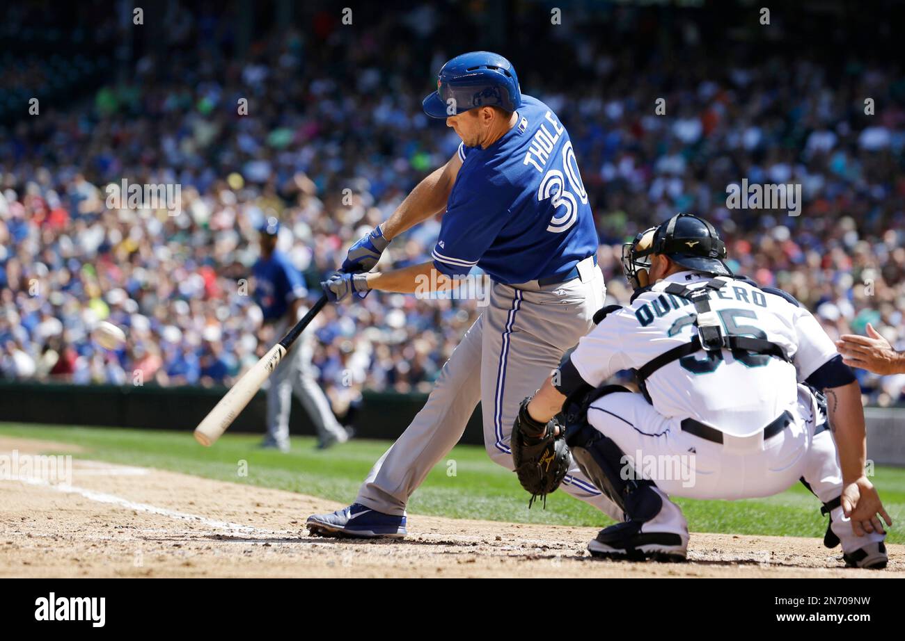Toronto Blue Jays' Josh Thole doubles in a pair of runs against the ...