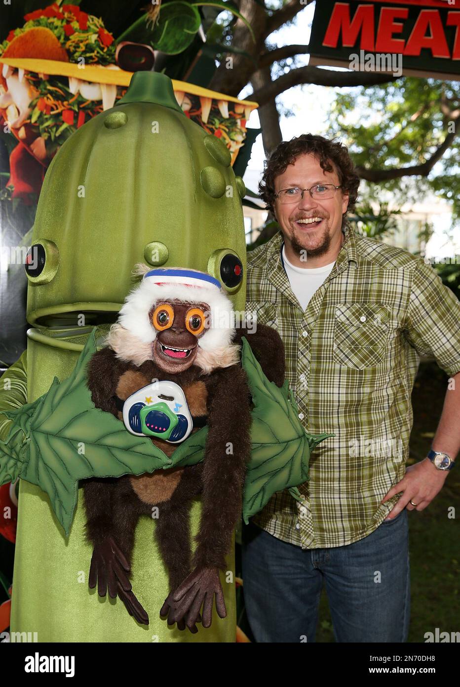 Director Kris Pearn poses characters during a press day event for the movie "Cloudy With A ...