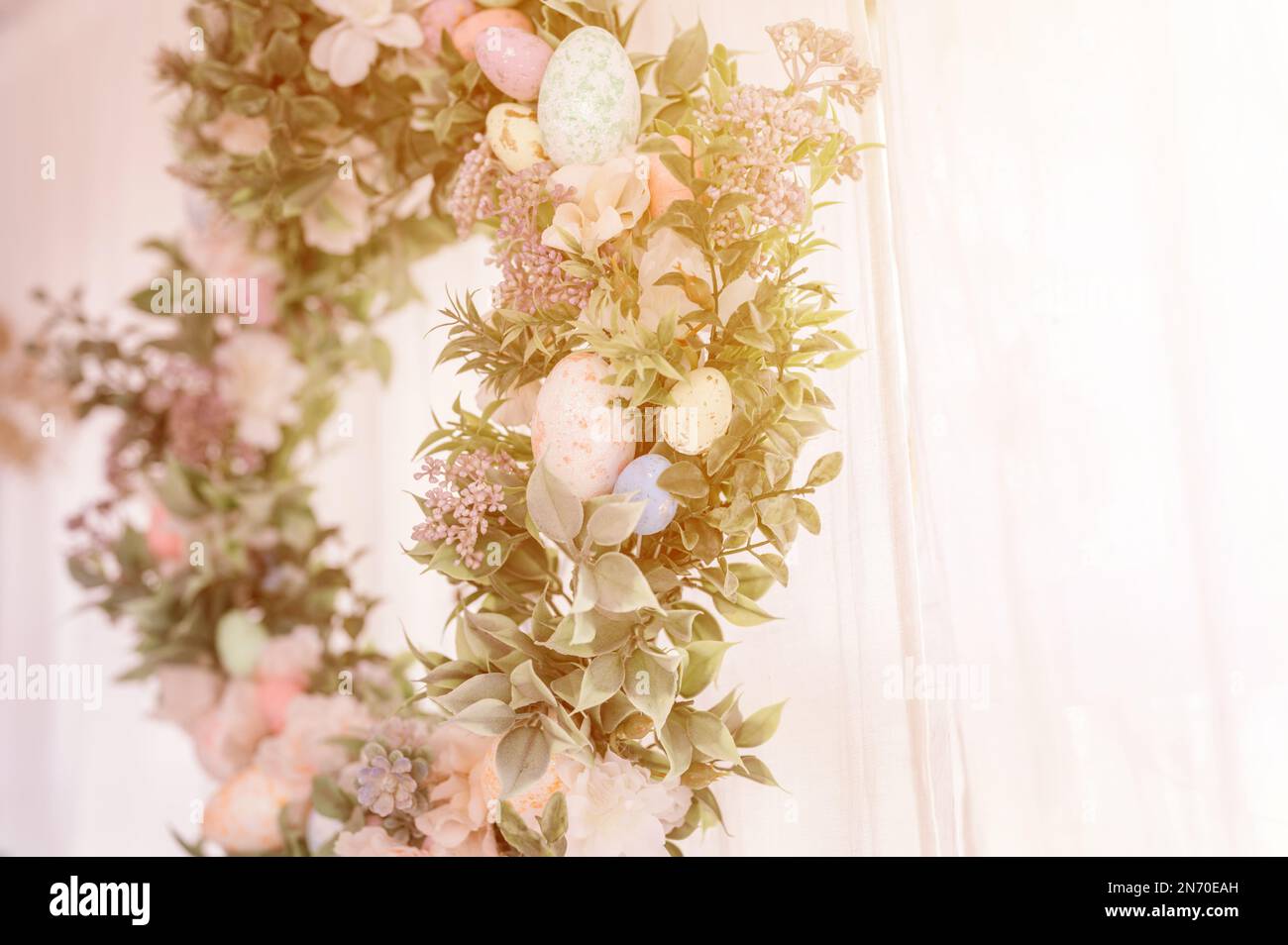 happy easter and spring holidays time. easter wreath with sprigs of ...