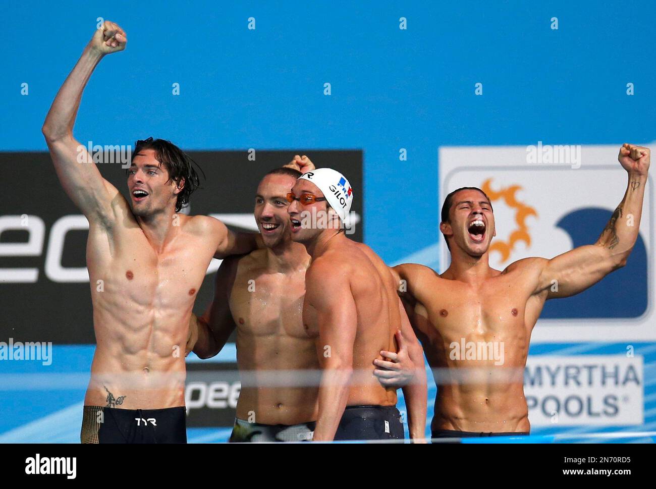 The French Men's 4x100m medley relay team, from left: Camille Lacourt ...