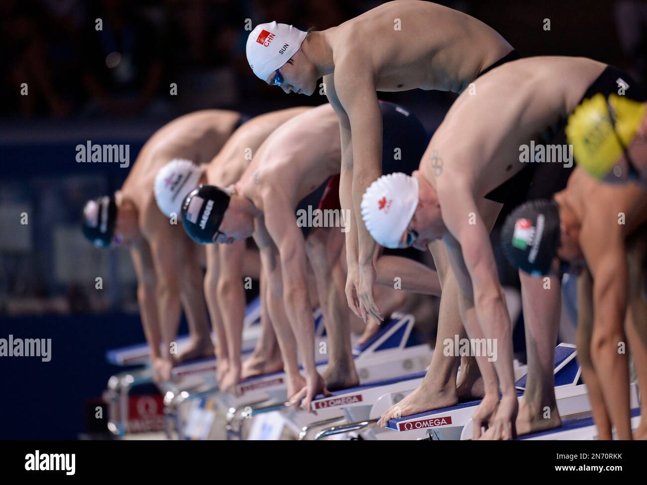 China's Sun Yang, top centre, prepares to start the Men's 1500m ...