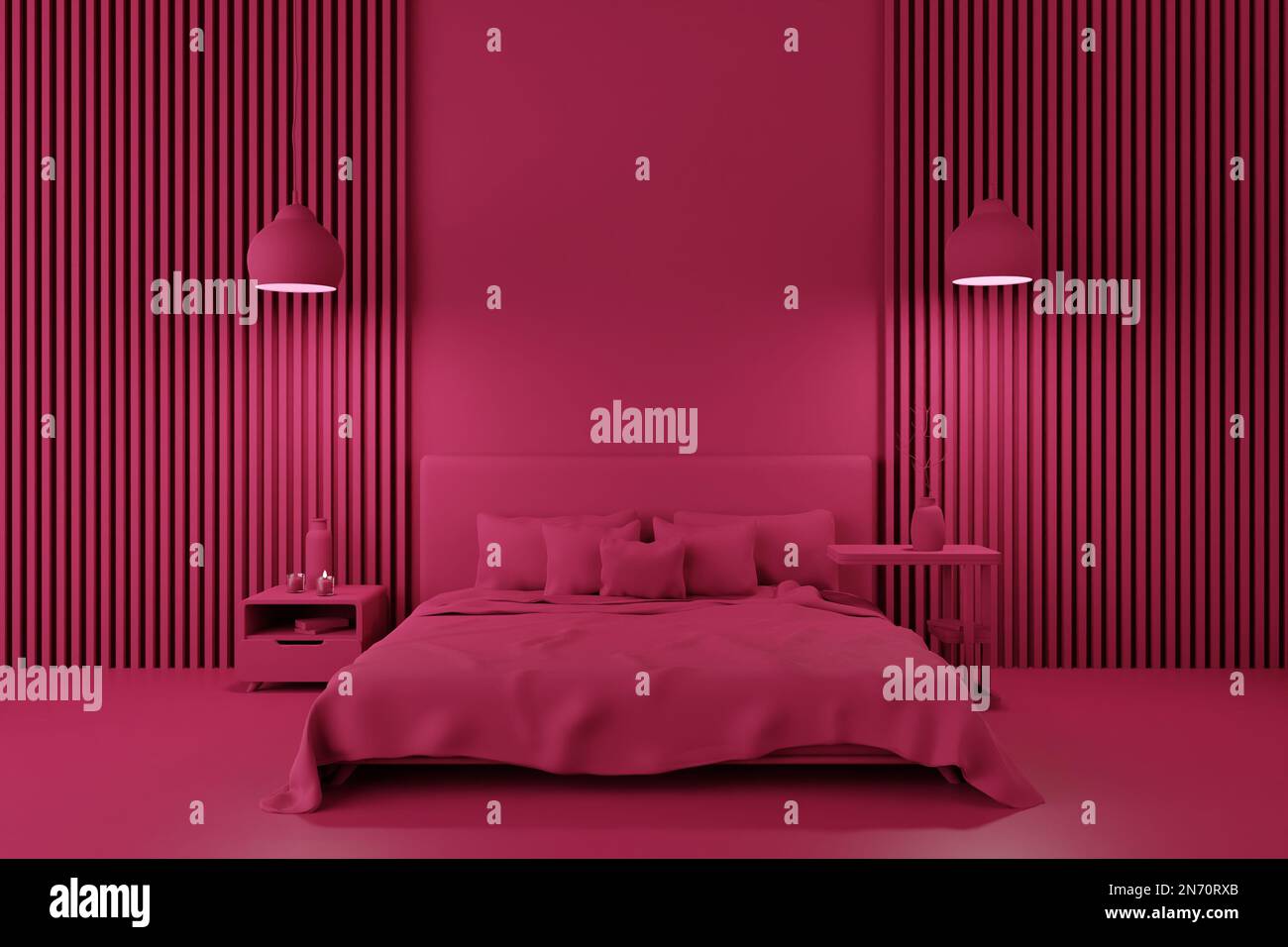 Modern bedroom interior in megenta monochrome color, metaverse virtual ...