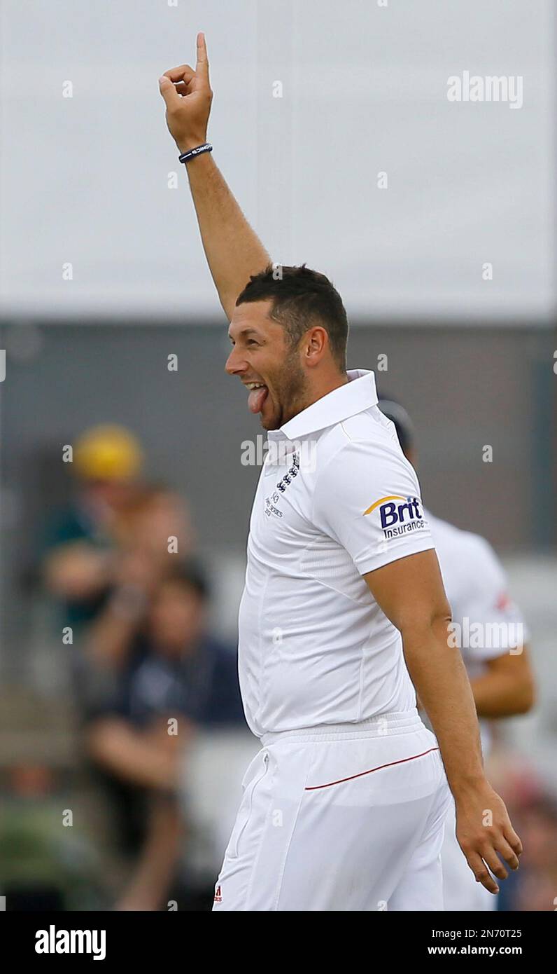 England's Tim Bresnan celebrates the wicket of Australia's David Warner ...