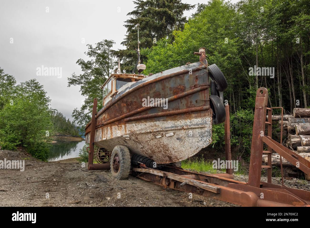 Old rusted tug boat on trailer, Alliford Bay, Moresby Island, Haida ...