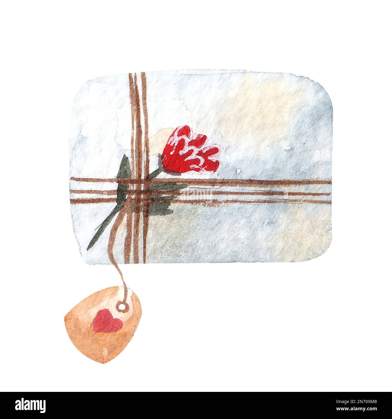 Watercolor gift box with flower and tag card. Hand drawn watercolour ...