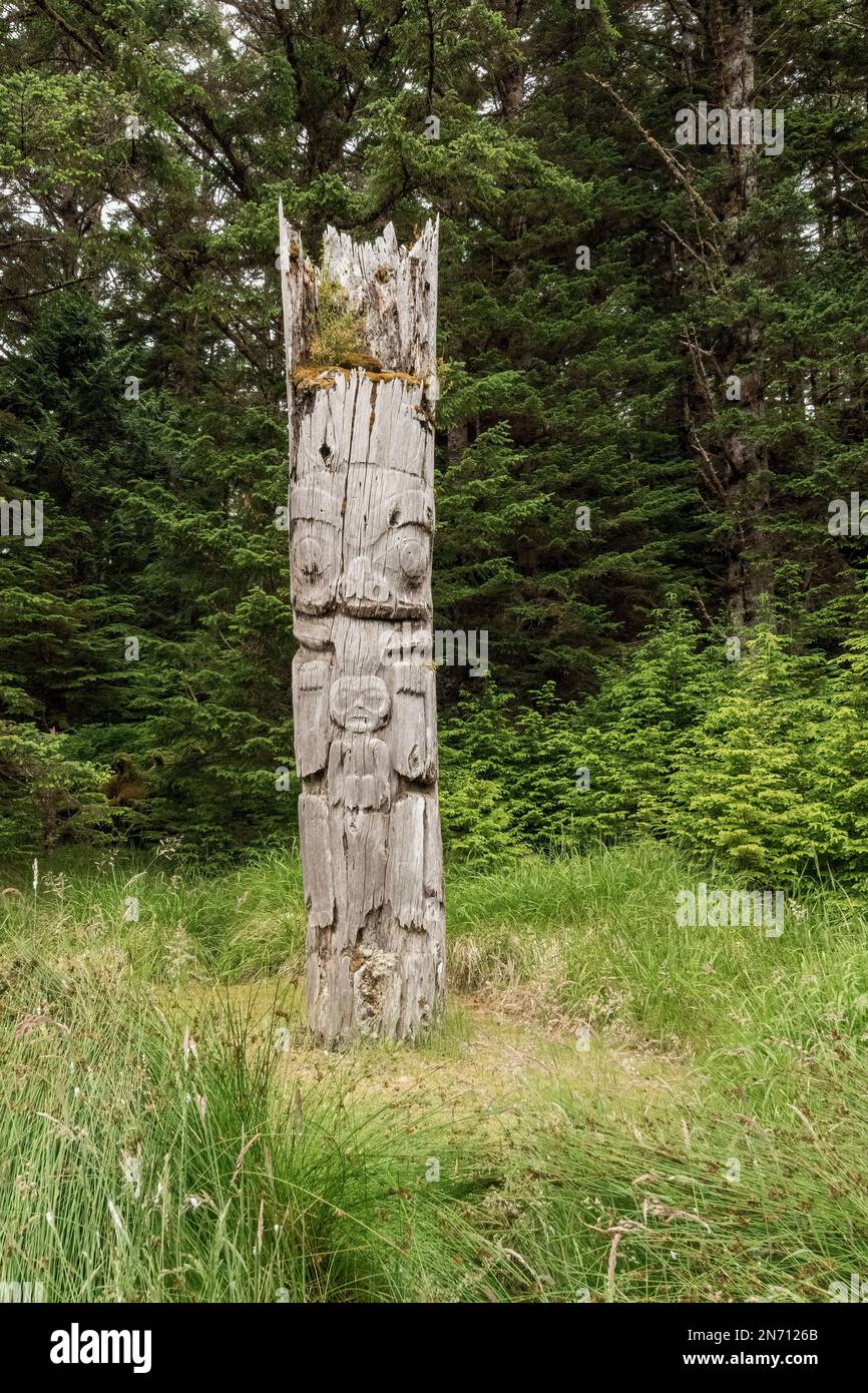 Remains of a mortuary pole, S'Gaang Gwaii, Haida Gwaii, BC Stock Photo ...