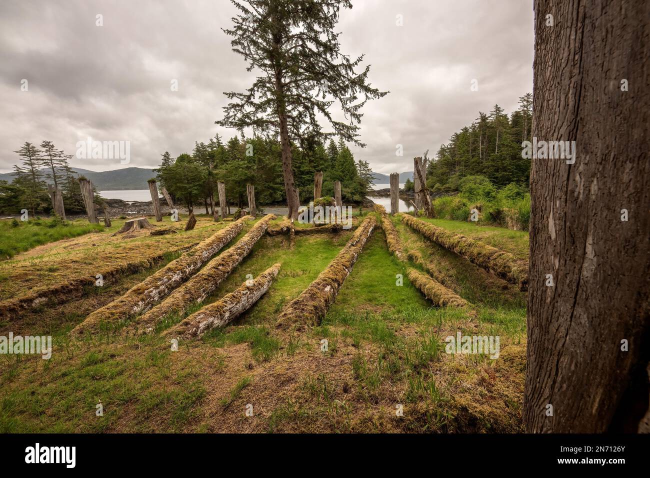 Haida longhouse remains with memorial and mortuary poles looking ...