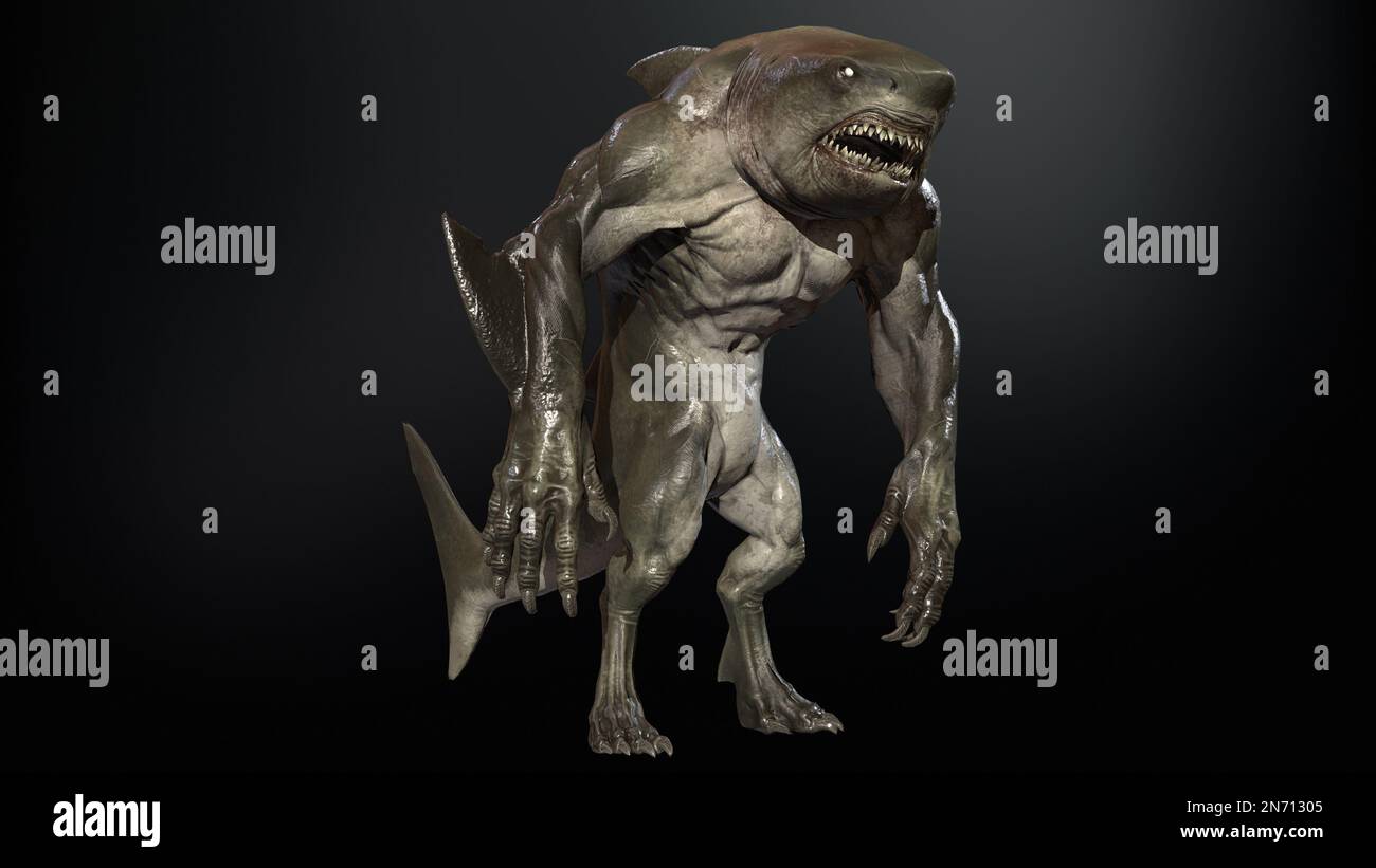 A furious shark humanoid from a wild tribe quickly runs through the ...