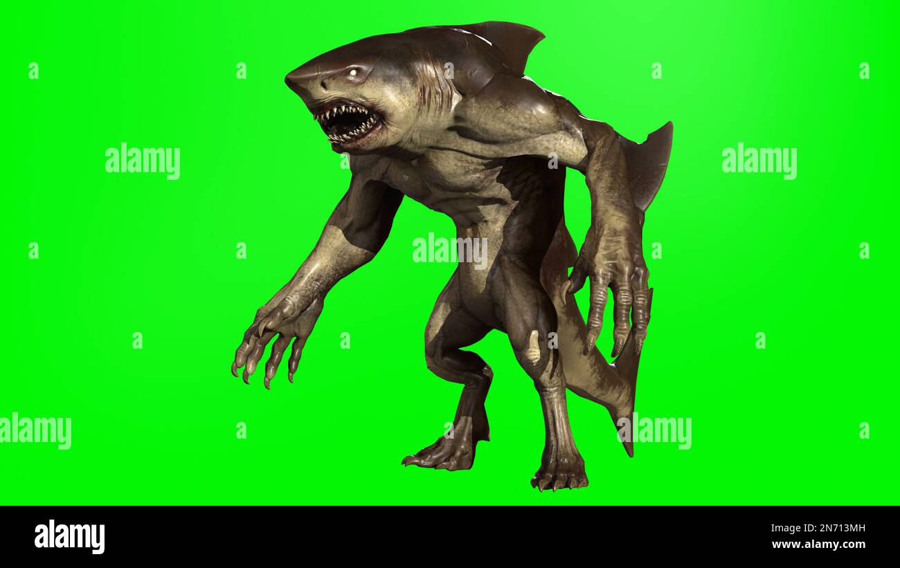A furious shark humanoid from a wild tribe quickly runs through the ...