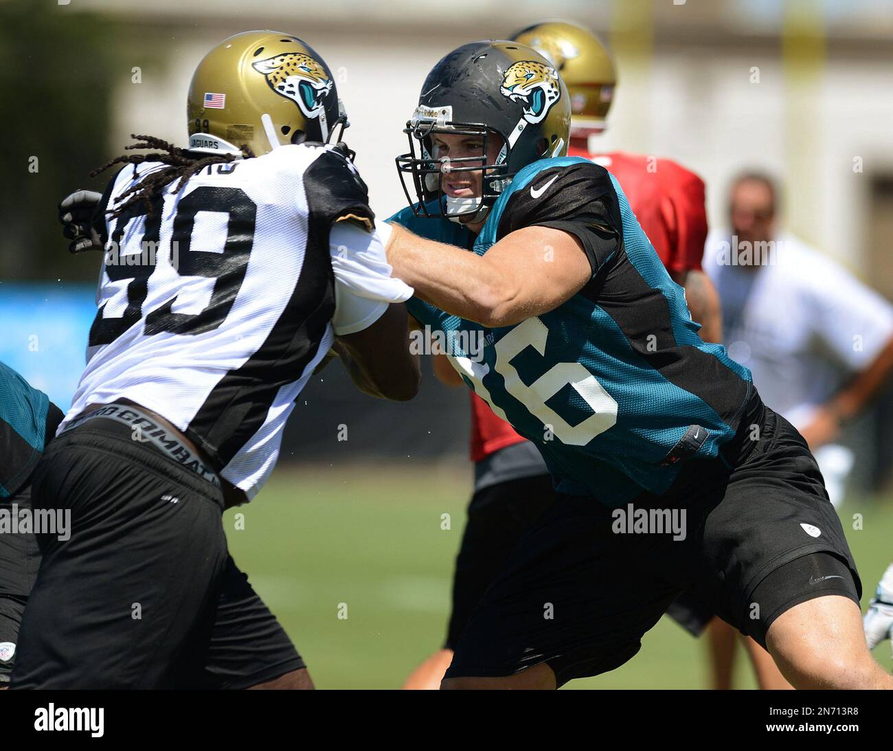 Jacksonville Jaguars offensive lineman Luke Joeckel (76) blocks Sen ...