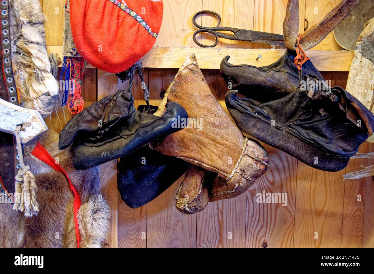 Sami (Laplander) boots with curved toes that allow them to be attached ...