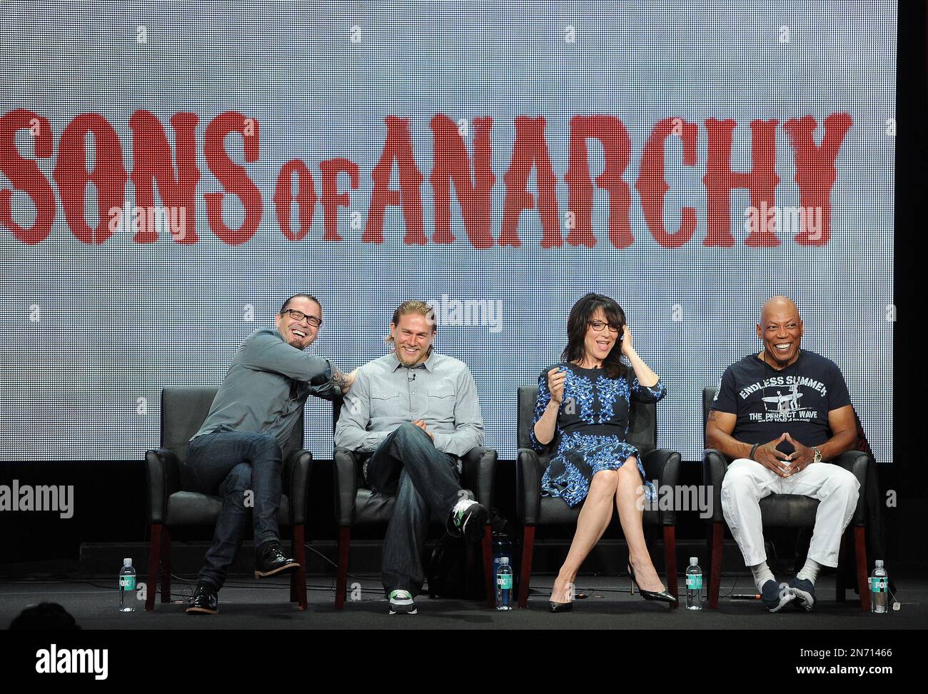 From left, creator/executive producer Kurt Sutter, actors Charlie Hunnam and Katey Sagal and ...