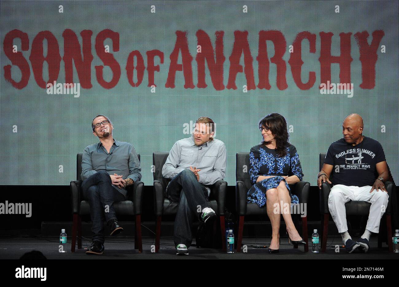 From left, creator/executive producer Kurt Sutter, actors Charlie Hunnam and Katey Sagal and ...