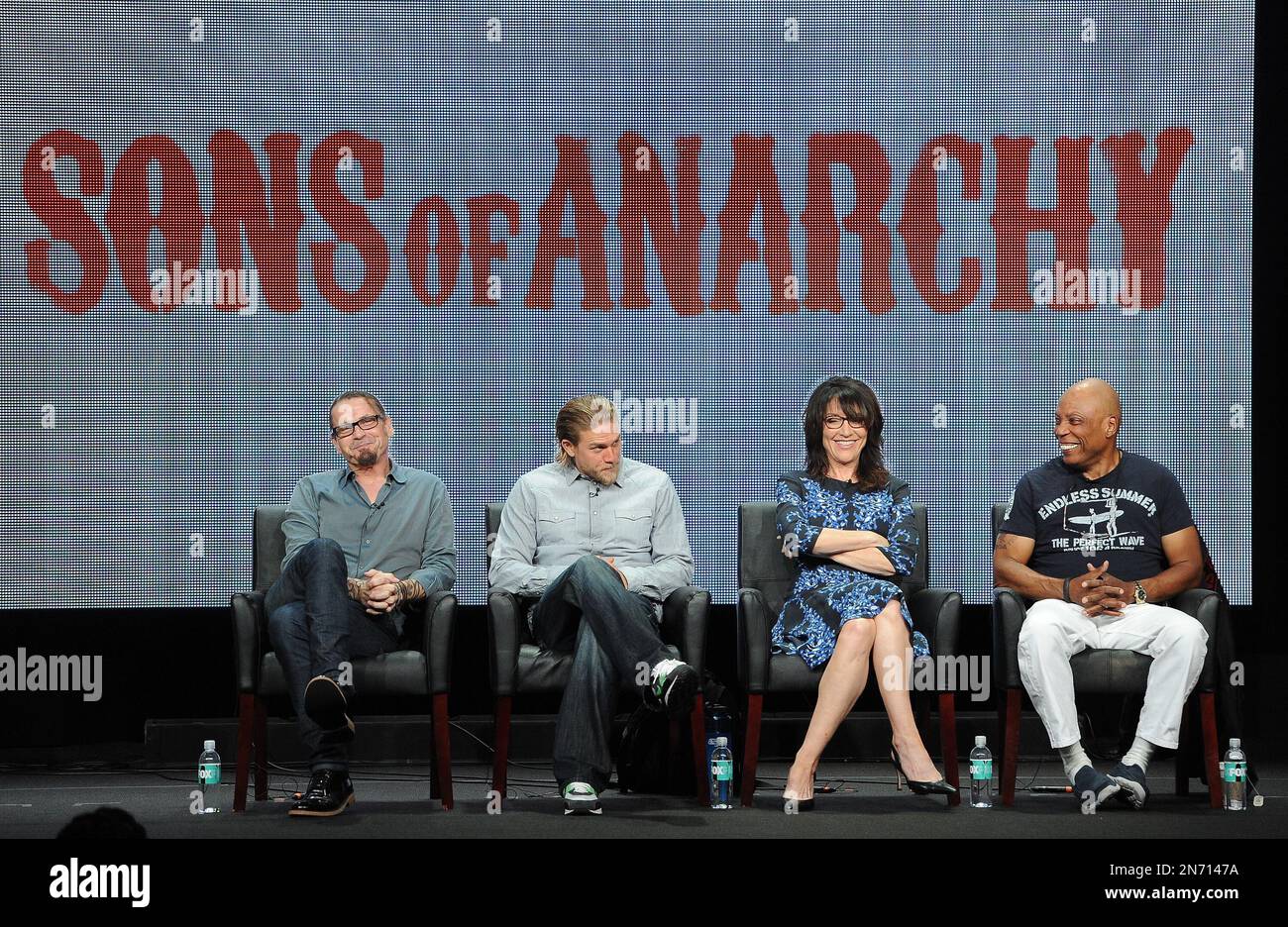 From left, creator/executive producer Kurt Sutter, actors Charlie Hunnam and Katey Sagal and ...
