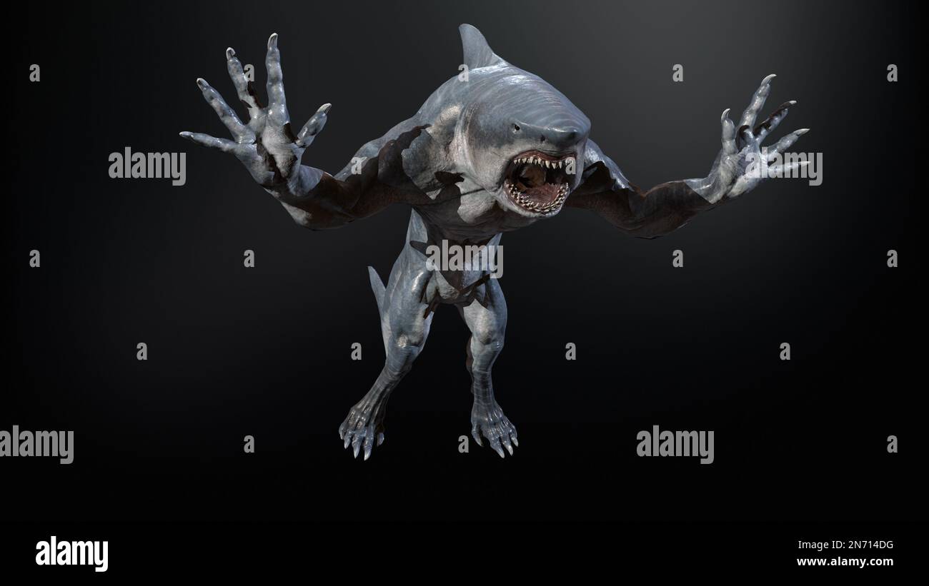 A furious shark humanoid from a wild tribe quickly runs through the ...