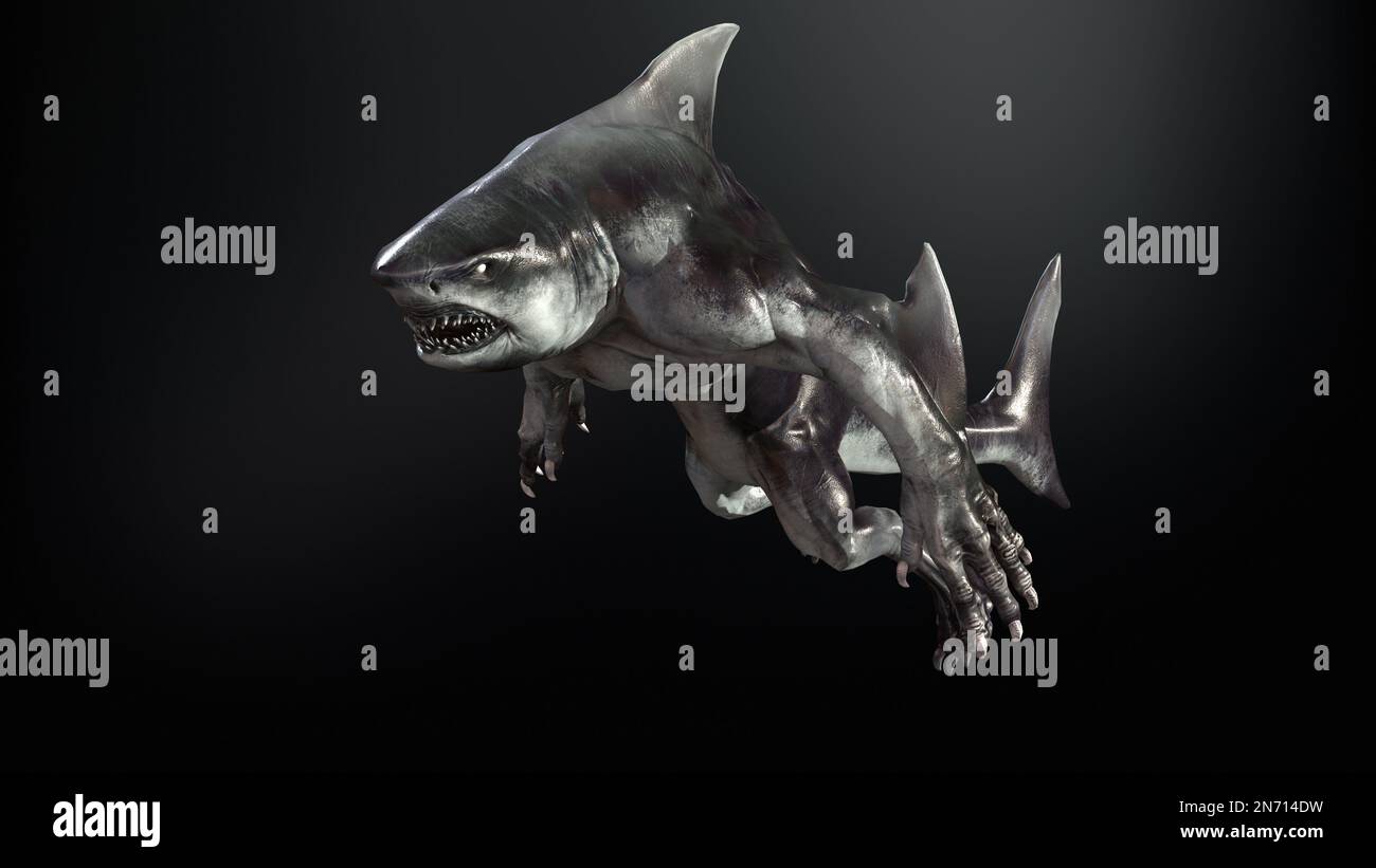 A furious shark humanoid from a wild tribe quickly runs through the ...