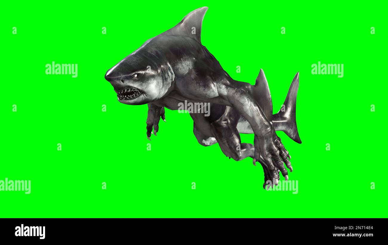 A furious shark humanoid from a wild tribe quickly runs through the ...
