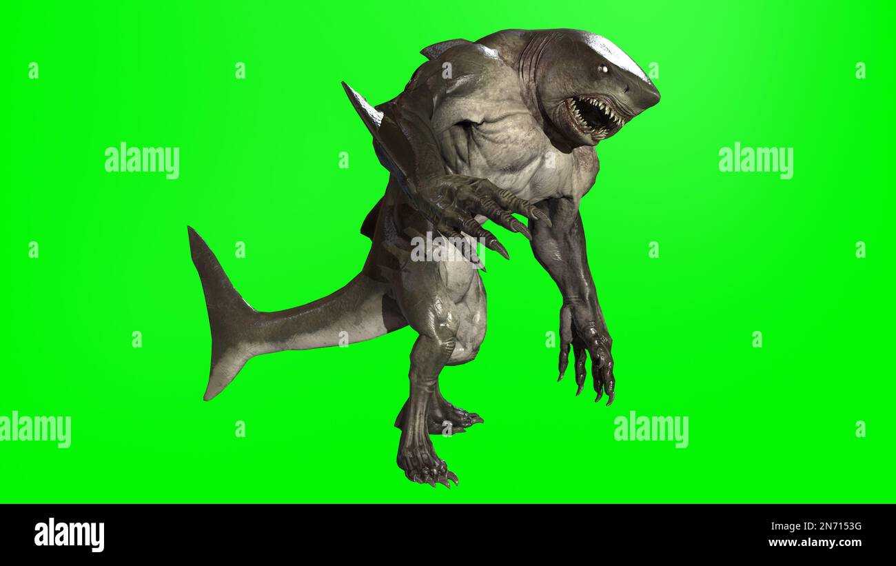 A furious shark humanoid from a wild tribe quickly runs through the ...