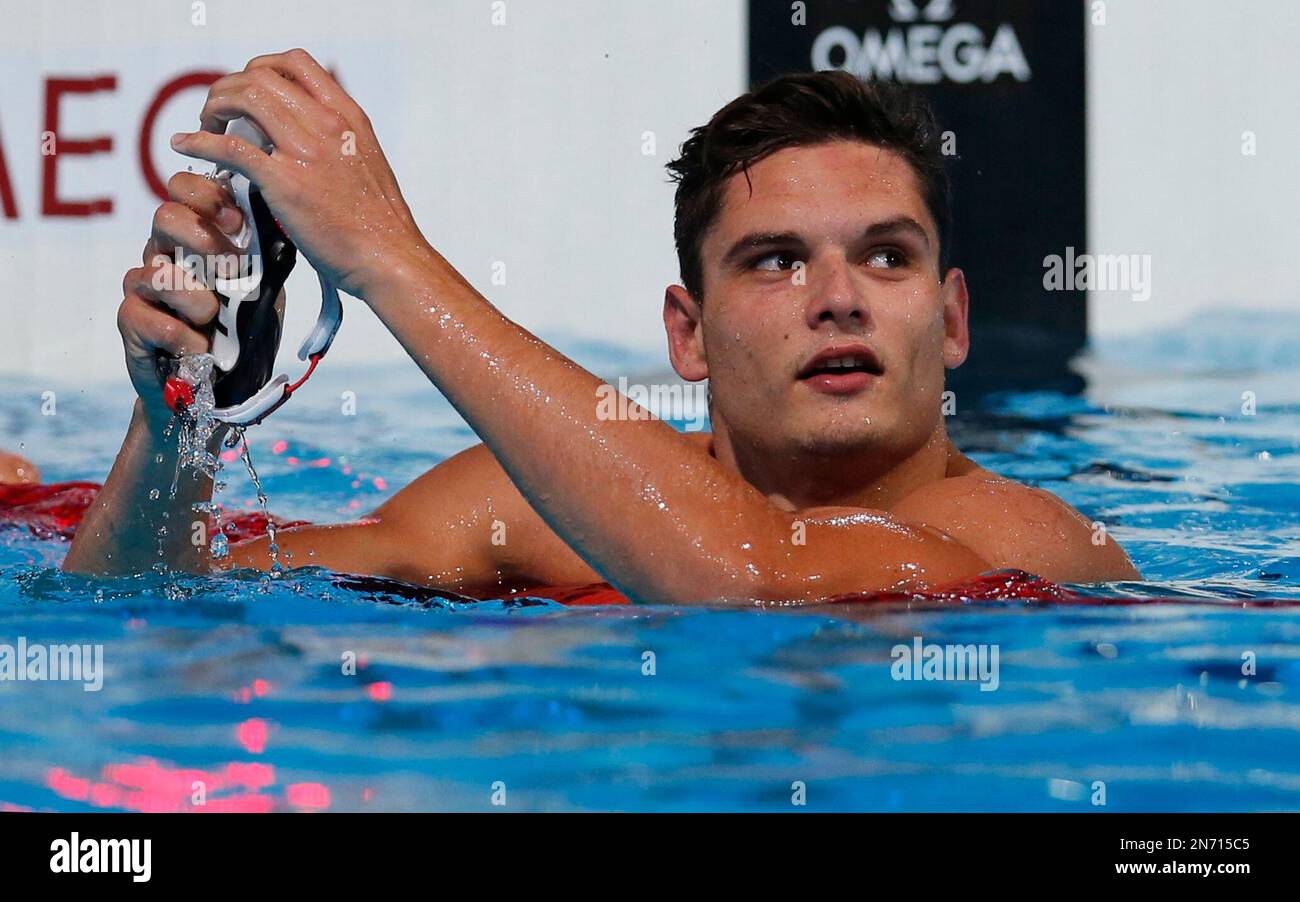 France's Florent Manaudou looks up after finishing a Men's 50m ...
