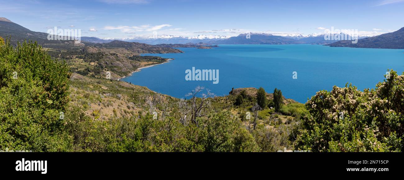 Panorama view over the beautiful Lago General Carrera in southern Chile ...
