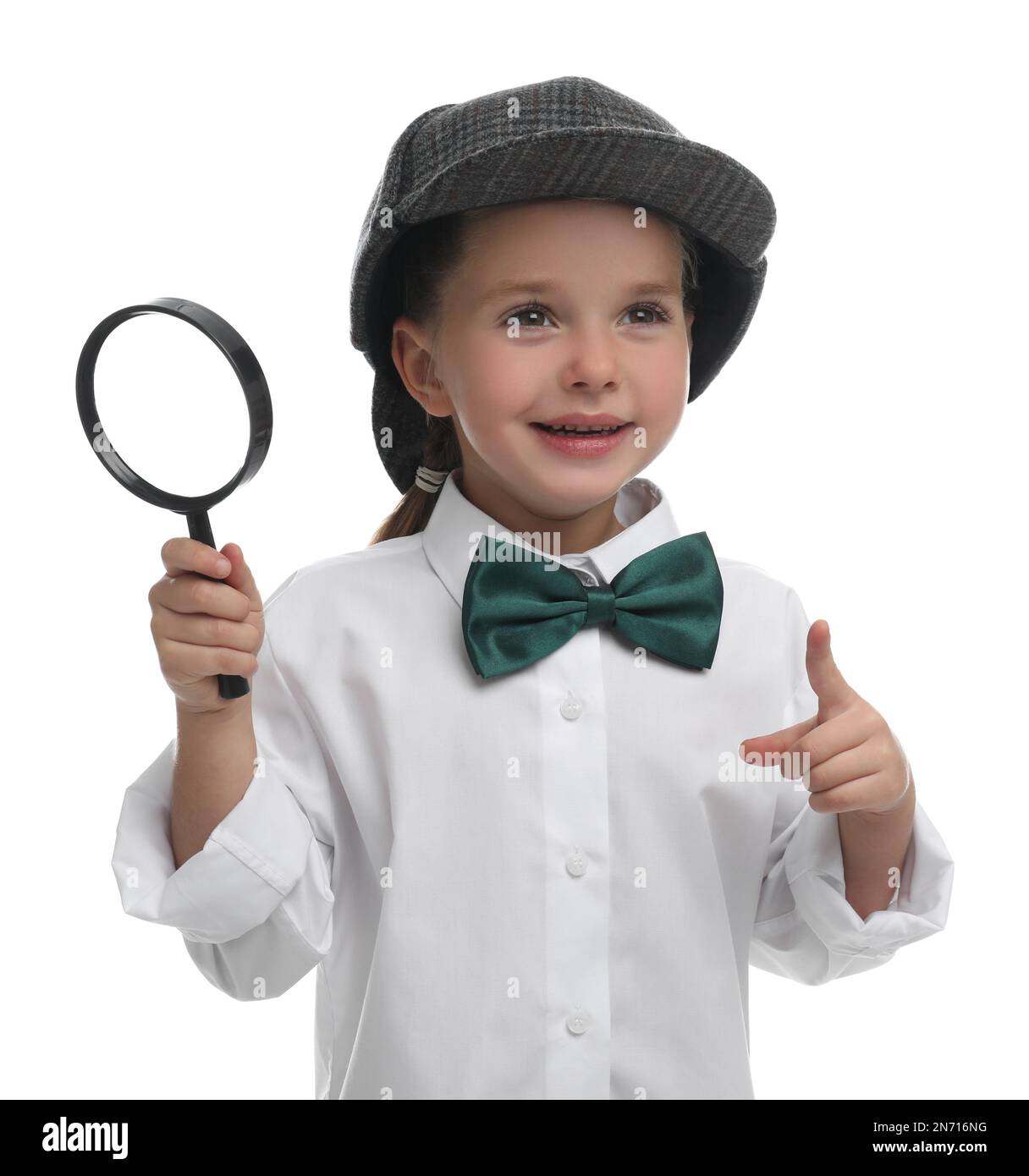 Cute little detective with magnifying glass on white background Stock ...