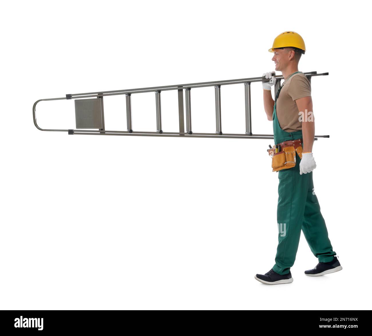 Professional constructor with ladder on white background Stock Photo ...