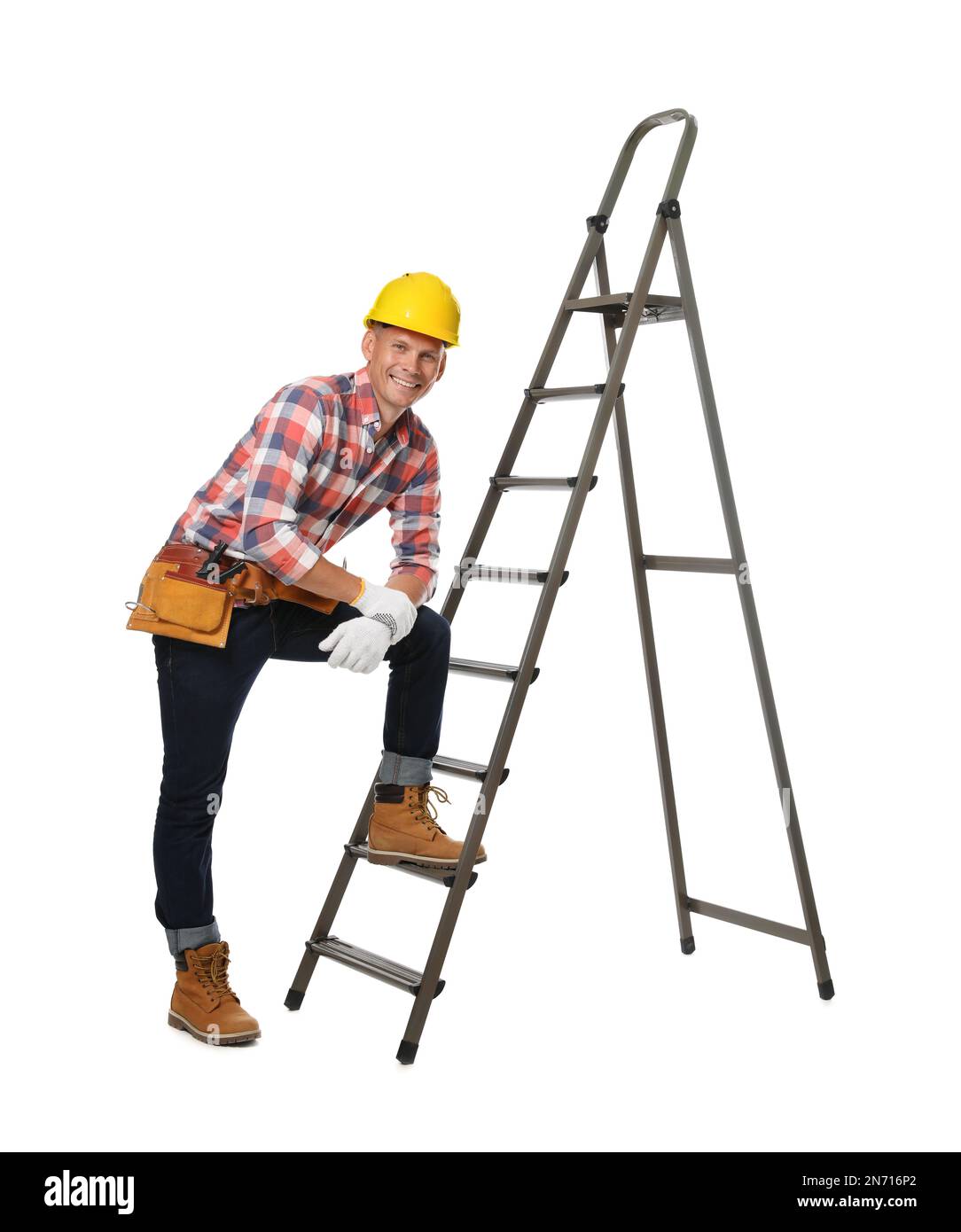 Professional constructor near ladder on white background Stock Photo ...