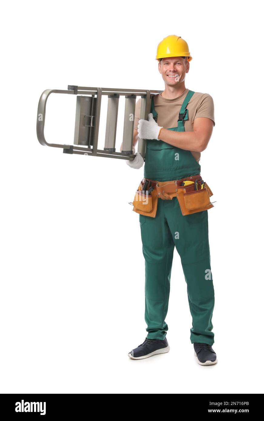Professional constructor with ladder on white background Stock Photo ...