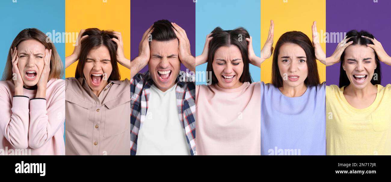 Collage with photos of stressed people on color backgrounds Stock Photo ...