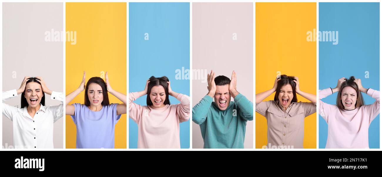 Collage with photos of stressed people on color backgrounds Stock Photo ...