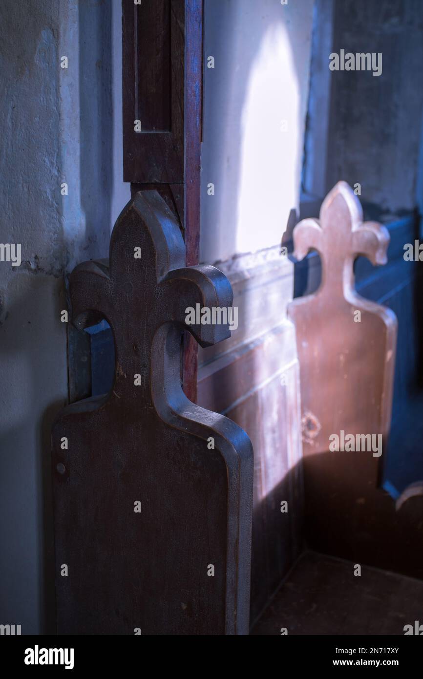 View of 18th Century Wooden Pews in the charming disused St Marys ...