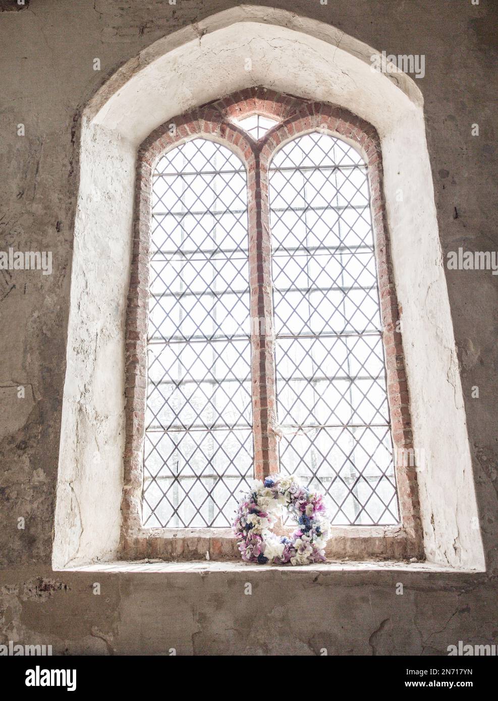 Heritage Trail - View of leaded glass window and floral wreath at the ...