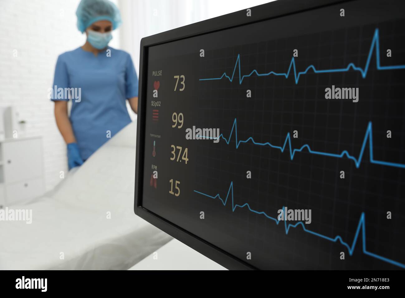 Monitor with cardiogram in hospital, focus on screen Stock Photo - Alamy