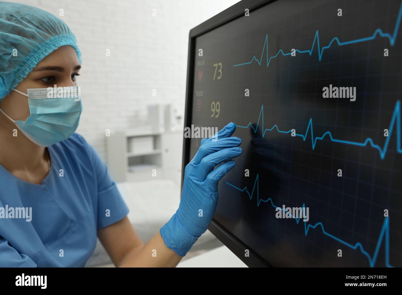 Nurse near monitor with cardiogram in hospital, closeup Stock Photo - Alamy