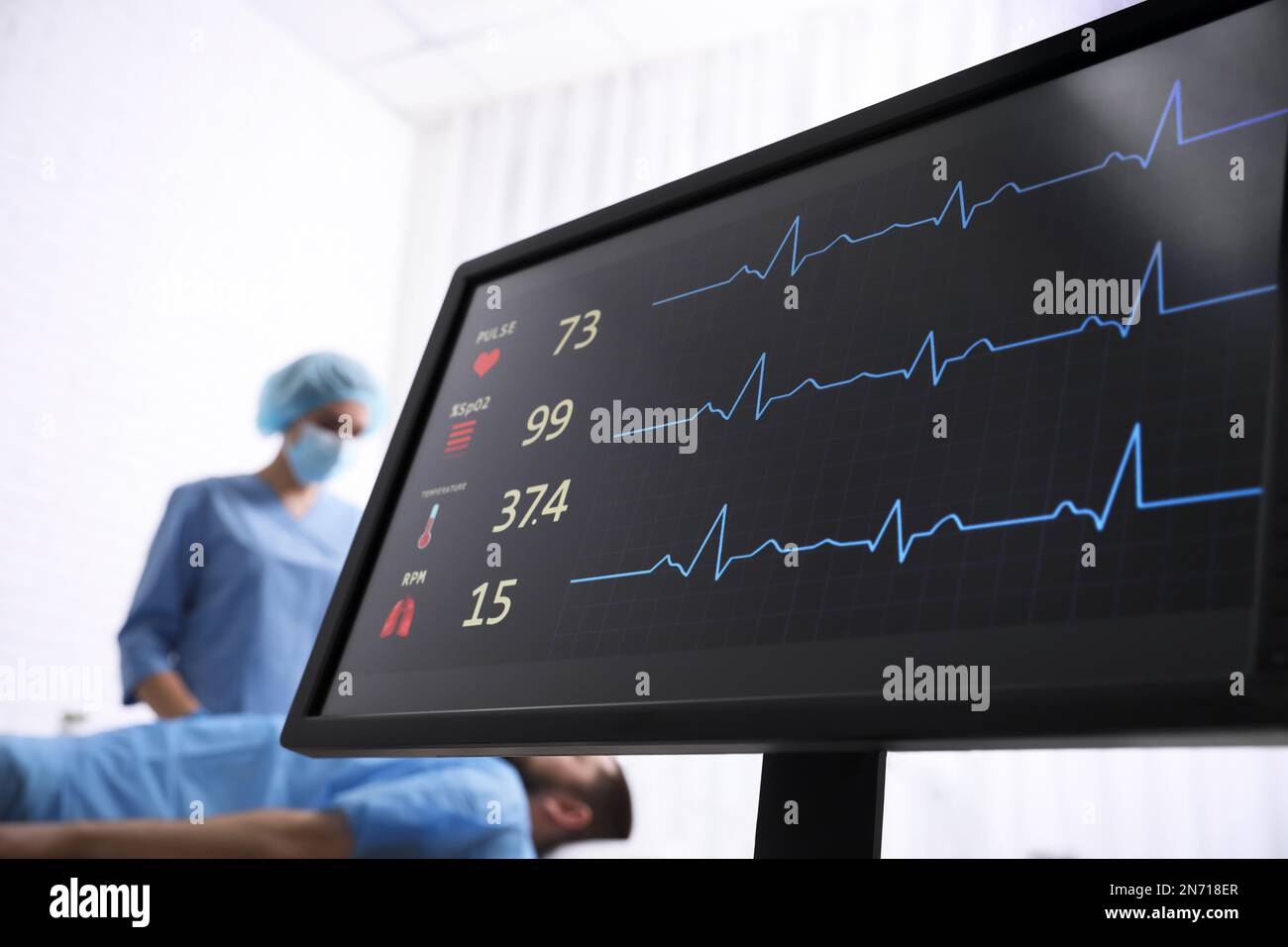 Cardiogram and data on display of heart rate monitor in clinic Stock ...